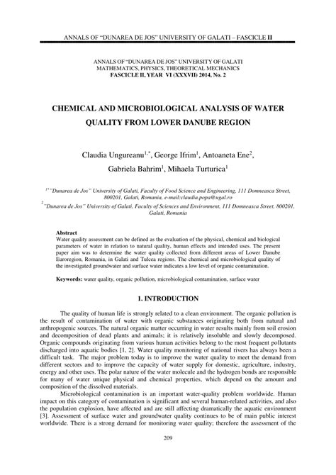 Pdf Chemical And Microbiological Analysis Of Water Quality From Lower Danube Region