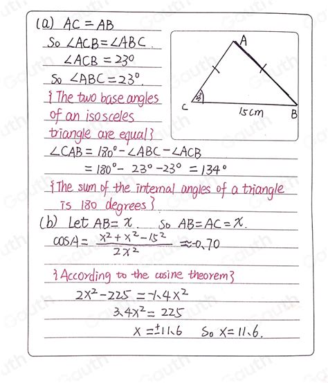 Solved In The Diagram Triangle Abc Is Isosceles Ab Ac Cb 15 Cm And Angle Acb Is 23° Diagram