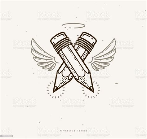 날개와 님버스 디자이너 또는 스튜디오 창조적 인 정신 천사 디자인 선형 스타일에 대한 벡터 간단한 트렌디 한 로고 또는 아이콘과 두 교차 연필 천사에 대한 스톡 벡터 아트