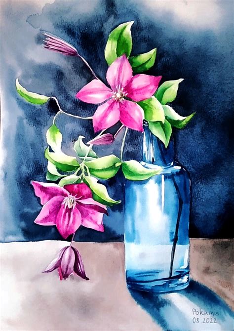 Floral Still Life Original Watercolor Painting Flowers In Vase