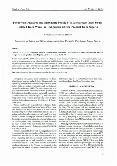 Pdf Phenotypic Features And Enzymatic Profile Of A Lactococcus Lactis Strain Isolated From