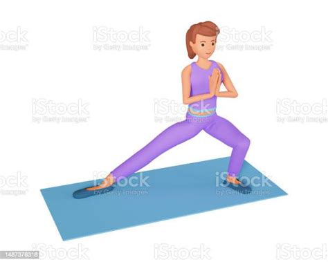 하얀 배경에 격리된 투시도 3d 그림에서 매트 위에서 요가 운동을 하는 여자 매트 3d 그림에서 요가의 다리 스트레칭 운동을 하는 성인 소녀 3차원 형태에 대한 스톡 사진