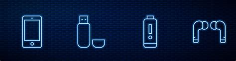 세트 라인 배터리 충전 수준 표시기 스마트 폰 휴대 전화 Usb 플래시 드라이브 및 공기 헤드폰 벽돌 벽에 빛나는 네온 아이콘 벡터 Usb 케이블에 대한 스톡 벡터 아트 및