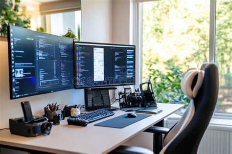 A Modern Workspace Featuring Dual Monitors A Gaming Chair And Various Tech Accessories