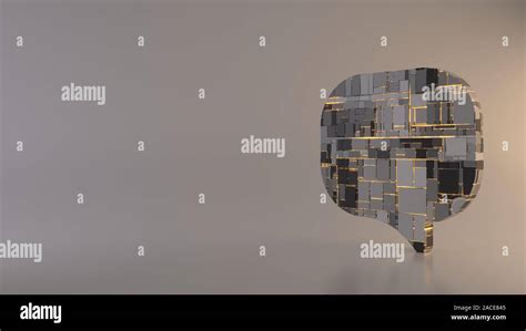 3d Rendering Metal Techno Rectangular Geometric Greeble Symbol Of Rounded Chat Bubble Right Icon