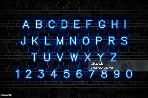 파란색 네온 은 어두운 벽돌 벽 배경에 대문자와 숫자를 표시합니다 편집하고 사용자 정의하기 쉬운 현대 벡터 알파벳 Eps 10 0명에 대한 스톡 벡터 아트 및 기타 이미지