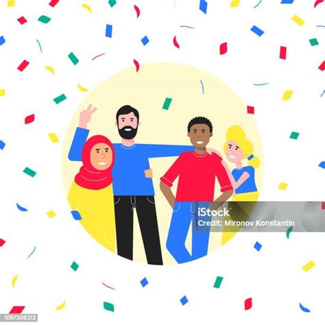 포옹 하는 세계 각국에서 행복 한 친구 행복 한 국제 우정의 날 평면 스타일 디자인 문자 벡터 일러스트 레이 션 흰색 배경에 고립 다양성 고 아무 한계 우정입니다