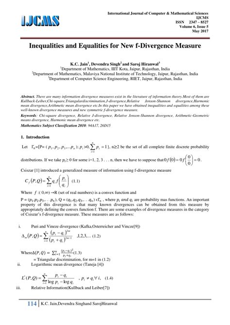 Pdf Inequalities And Equalities For New F Divergence Measure
