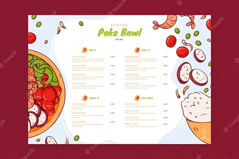 손으로 그린 포케 그릇 메뉴 템플릿 무료 벡터