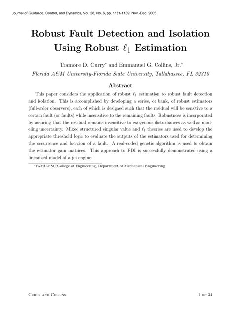 Pdf Robust Fault Detection And Isolation Using Robust L Sub 1 Estimation