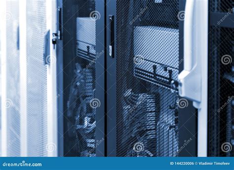 Side View Network Server Room With Racks In Big Data Center Datacentre Interface And Equipment