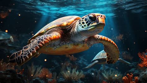 Endangered Sea Turtle Swimming In Blue Underwater Nature Generated By