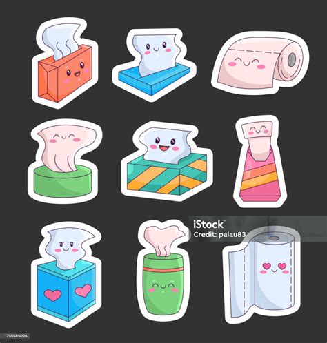 귀여운 만화 냅킨 캐릭터입니다 스티커 책갈피 웃는 얼굴로 화장지 롤을 카와이 손으로 그린 스타일입니다 벡터 그리기 디자인 요소 모음 가공의 인물에 대한 스톡 벡터 아트 및