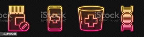 교차 의학 병 및 알약 병원에 응급 휴대 전화 통화 및 Dna 기호와 세트 라인 간호사 모자 빛나는 네온 아이콘 벡터 Dna에 대한 스톡 벡터 아트 및 기타 이미지 Istock