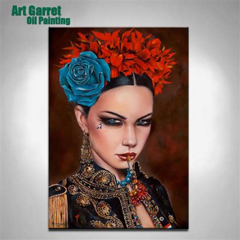 Hand Painted Portrait Oil Painting On Canvas Blue Rose Sexy Girl Wall Picture For Living Room