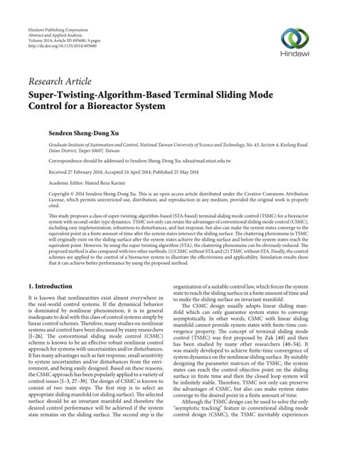 Pdf Super Twisting Algorithm Based Terminal Sliding Mode Control For A Bioreactor System
