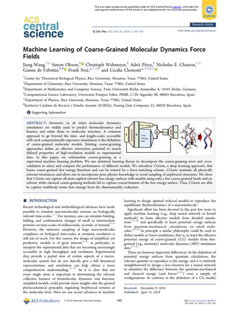 14 Machine Learning Of Coarse Grained Molecular Dynamics Force Pdf