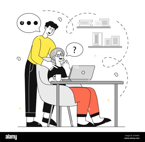 Elderly Woman Learns To Use Computer Man Helps Grandmother With Laptop Education Learning And