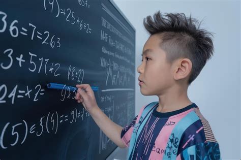 Young Asian Boy Solving Math Problems Black Chalkboard Engaging