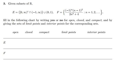 solved given subsets of r fill in the following chart by