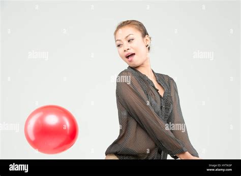 Happy Beautiful Asian Girl Play With Red Balloon Action With Balloon