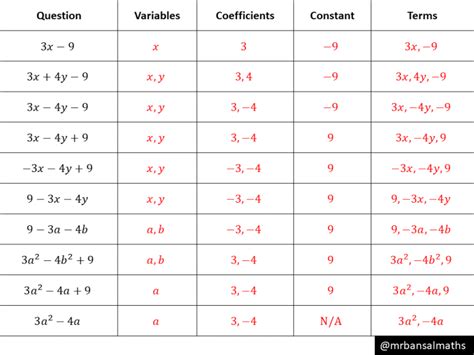 Algebraic Expressions Vocabulary Variation Theory