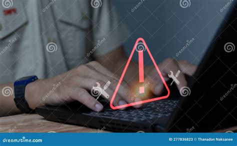 Developer Programmer Staff Using Computer With Warning Triangle Sign