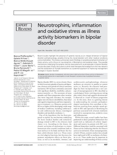 Pdf Neurotrophins Inflammation And Oxidative Stress As Illness Activity Biomarkers In Bipolar