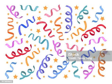 생일 파티 곱슬 리본 색종이 와 구불구불한 리본 축제 색종이 패턴 평면 벡터 배경 그림입니다 만화 생일 파티 배경 나선형 가랜드에 대한 스톡 벡터 아트 및 기타 이미지