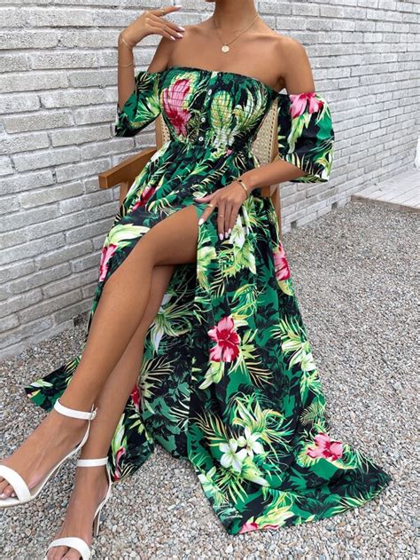 Tropical Print Off Shoulder Shirred Bodice Split Thigh Dress SHEIN EUR