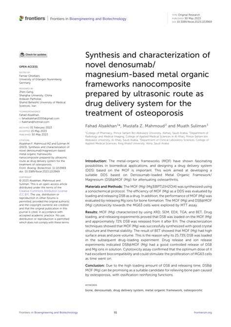 Pdf Synthesis And Characterization Of Novel Denosumabmagnesium Based Metal Organic Frameworks