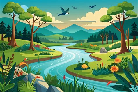 Premium Vector A Lush Riparian Habitat Along The Banks Of A Winding