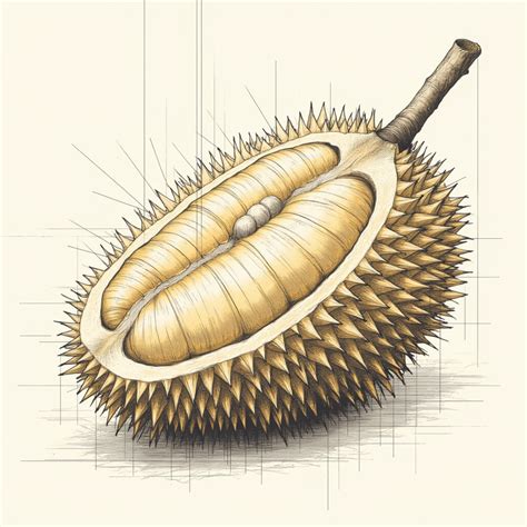 Spiky Durian Fruit Rendered In Detailed Botanical Ink Illustration