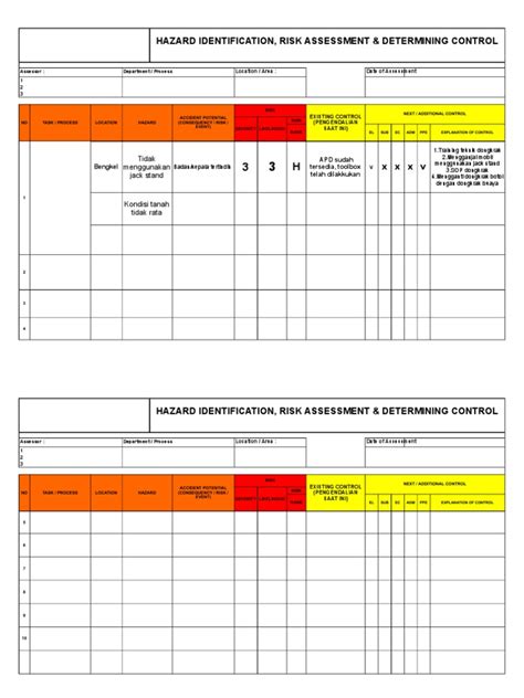 Contoh Hiradc Excel 1 Example Risk Assessment For A W