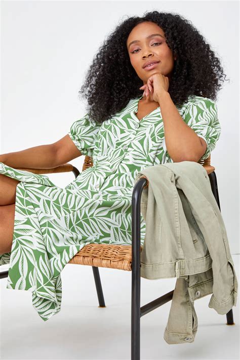 Khaki Petite Leaf Print Button Midi Dress Roman UK