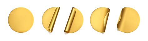 껍질을 벗기는 코너 모의 세트가 있는 골드 라운드 구겨진 스티커 흰색 배경에 주름 효과가있는 접착제 황금 호일 또는 플라스틱