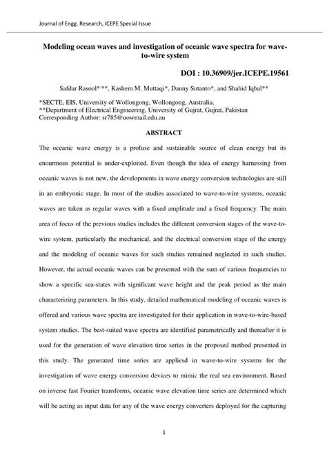 Pdf Modeling Ocean Waves And Investigation Of Oceanic Wave Spectra For Wave To Wire System