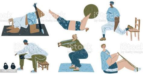 스포츠 장비 벡터 평면 일러스트로 훈련하는 다양한 사람들의 집합 건강한 생활방식에 대한 스톡 벡터 아트 및 기타 이미지 건강한 생활방식 공 스포츠 장비 남자 Istock