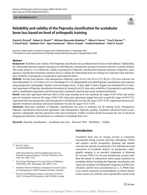 Reliability And Validity Of The Paprosky Classification For Acetabular