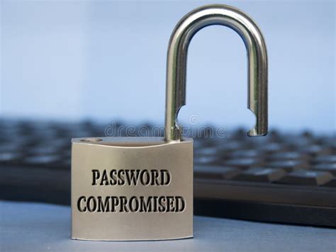 Password Compromised Text Engraved On Padlock With Blurred Keyboard Background Password