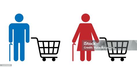 시니어 남녀가 매장에서 쇼핑 장바구니 라인 아이콘입니다 저장할 큐입니다 노인을위한 쇼핑 시간 트롤리 쇼핑 카트 비즈니스 개념입니다 흰색 배경에 벡터 그림입니다 0명에 대한