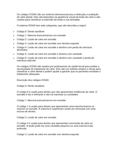 Os Códigos Icdas São Um Sistema Internacional Para A Detecção E Avaliação Da Cárie Dental Pdf