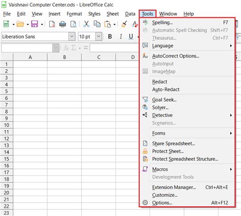 libreoffice calc menus और उसके options की list in hindi for ccc