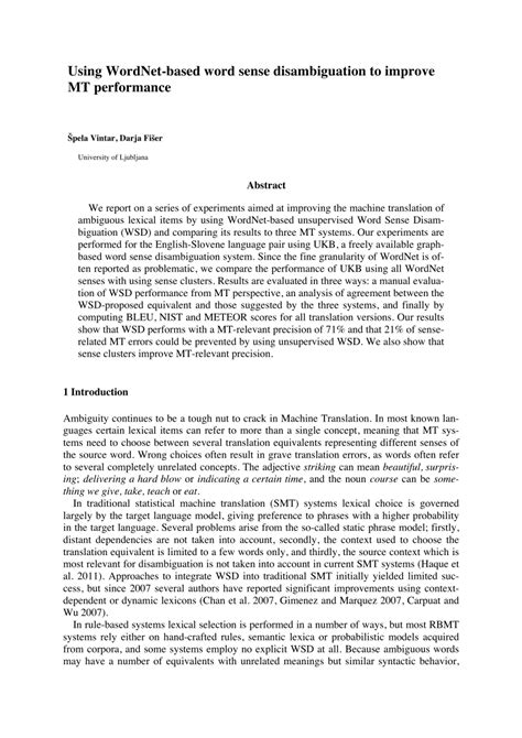Pdf Using Wordnet Based Word Sense Disambiguation To Improve Mt