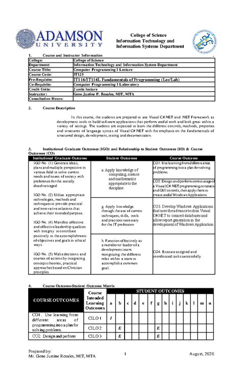 It Computer Programming 1 Lecture Notes And Course Overview Studocu