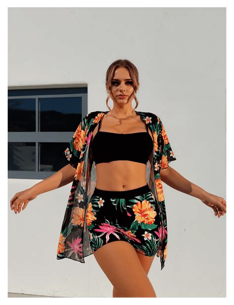 Floral Swimsuit Cover Up Set Womens Beach Sun Protection Mesh Pants