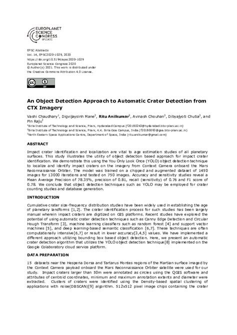 Pdf An Object Detection Approach To Automatic Crater Detection From Ctx Imagery