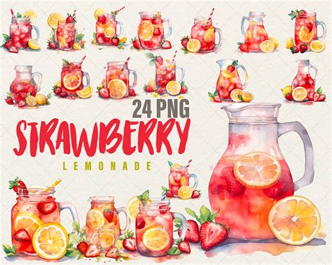 Watercolor Strawberry Lemonade 24 Png Bundle Spring Lemonade Png