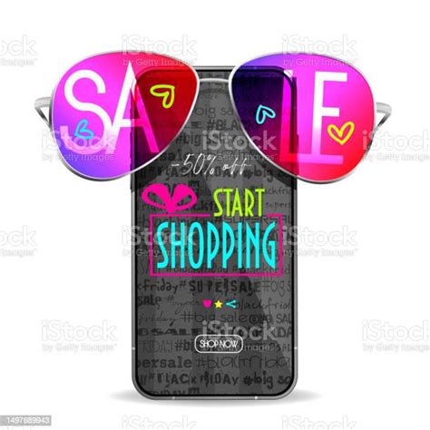 현대적인 스타일의 계절 판매 개념 블랙 프라이데이 격리된 흰색 배경에 텍스트를 위한 공간이 있는 응용 프로그램이 있는 전화기가 있는 선글라스 세련된 크리에이티브 템플릿 또는