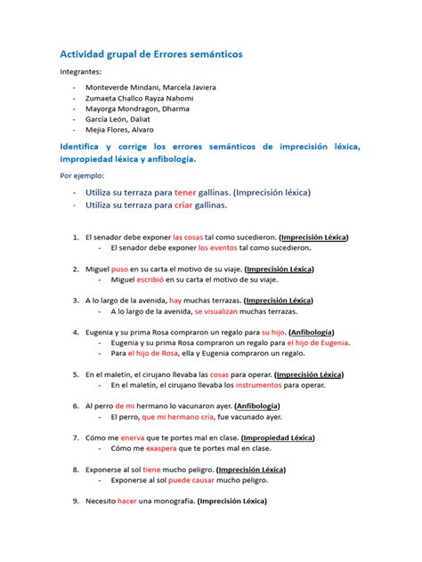 Errores Semanticos Grupo 4 Pdf Artes Del Lenguaje Y Comunicación